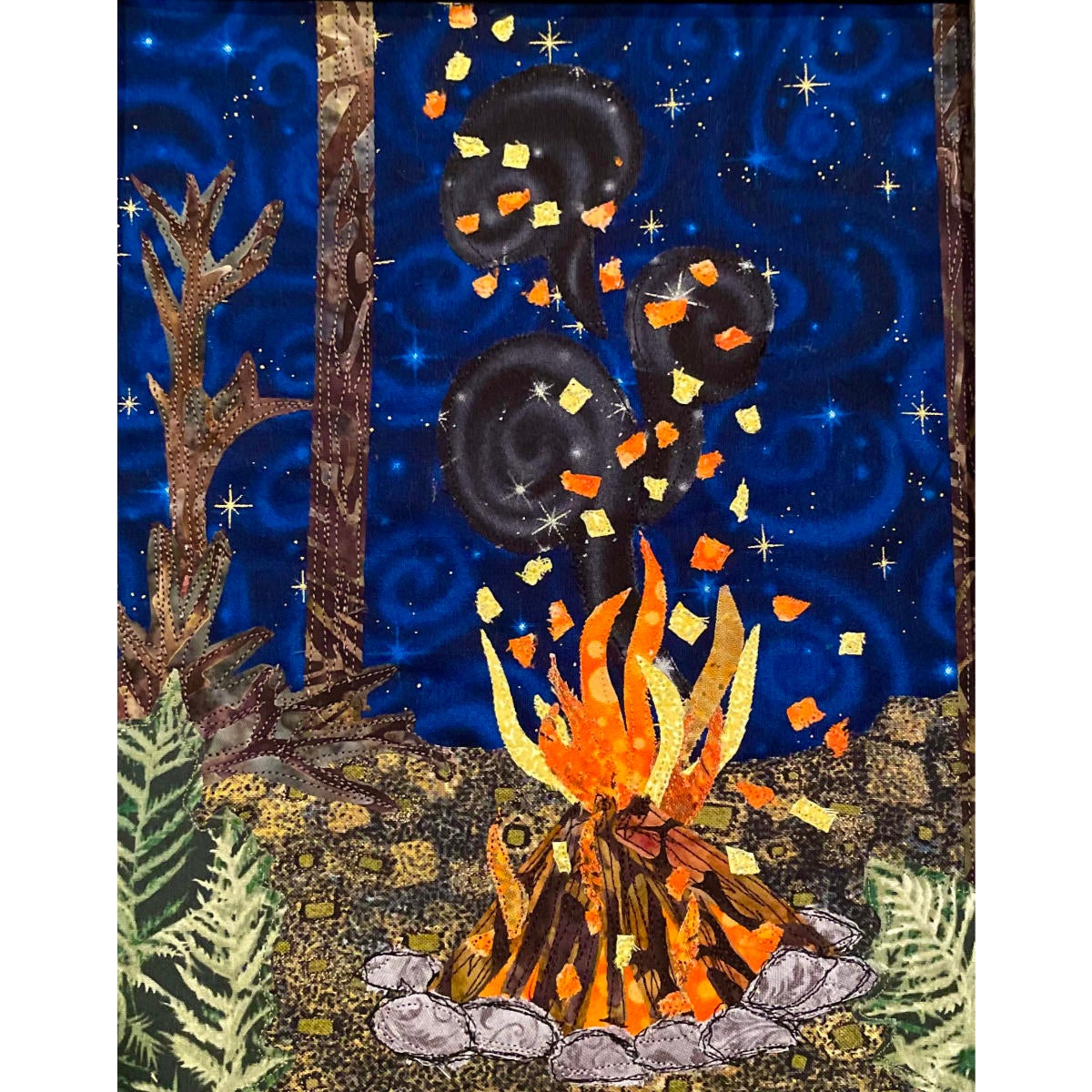 "Campfire Night" - Fabric & Thread Painting Collage by artist Penny ...